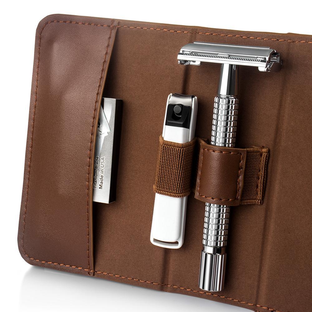 Safety Razor Travel Shaving Kit With Vintage Leather Case | Gentleman